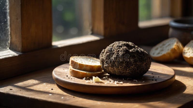 Sunlit Rustic Still Life: Black Truffle with Crusty Bread Stock ...