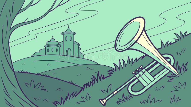 Trumpet and Ancient Castle in Rustic Landscape, Vector Design ...