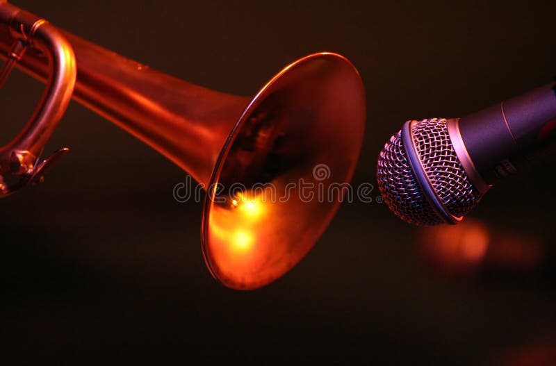 A Trumpet and a Microphone in Closeup Position Stock Image - Image of ...