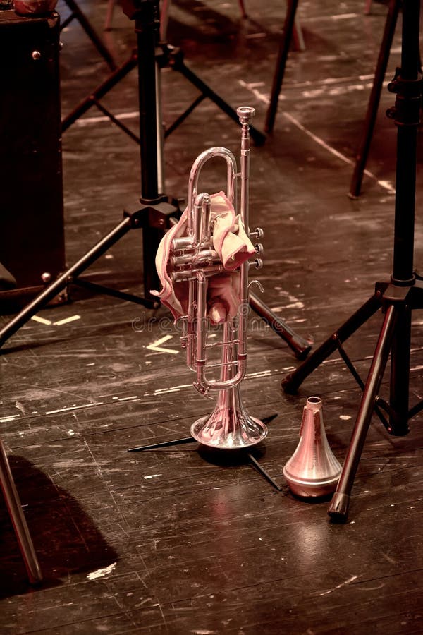 Trumpet and Mute Stand on Stage during an Intermission in a Theater ...