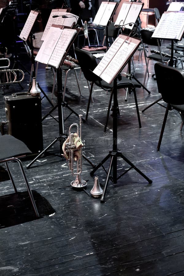 Trumpet and Mute Stand on Stage during an Intermission in a Theater ...