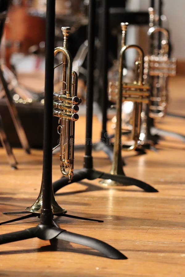 Trumpets on Stands on Stage Stock Image - Image of valve, orientation ...