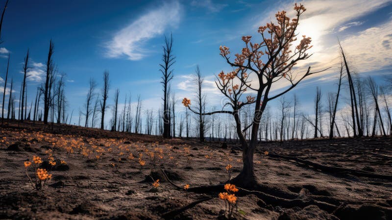 Trunks forest after fire stock photo. Image of resilience - 375823734