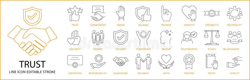 Trust Icons Set in Line Style. Stock Vector - Illustration of care ...