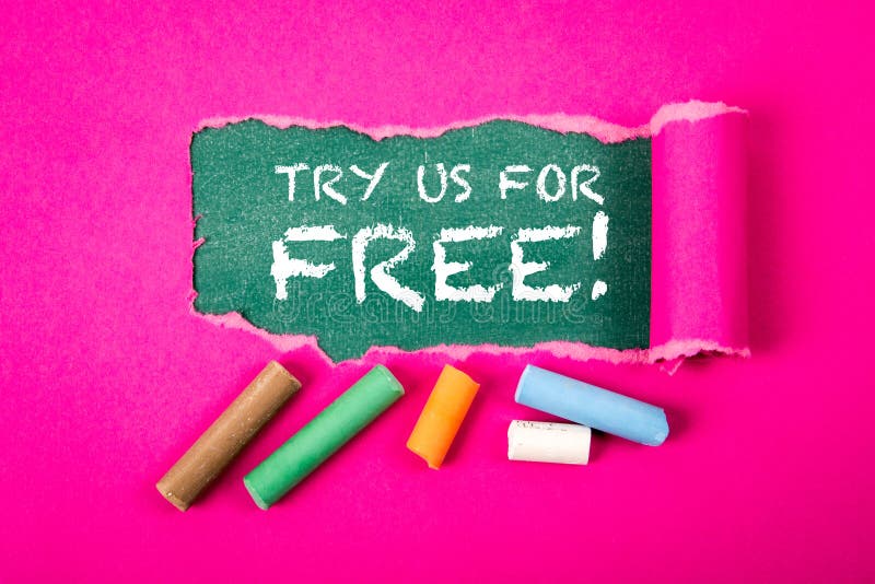 Try Us for Free. Text Under Torn Purple Paper on a Green Chalkboard ...