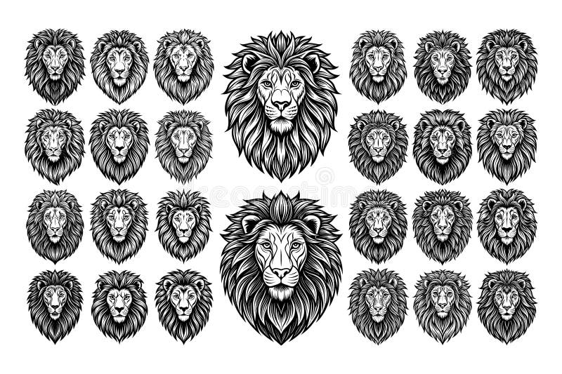 Tshirt Design of Front View Hand Drawn Lion Head Set Stock Vector ...