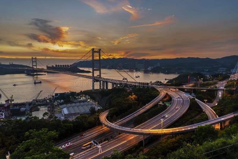 Tsing Ma Bridge in Hong Kong City Under Sunset Stock Photo - Image of ...