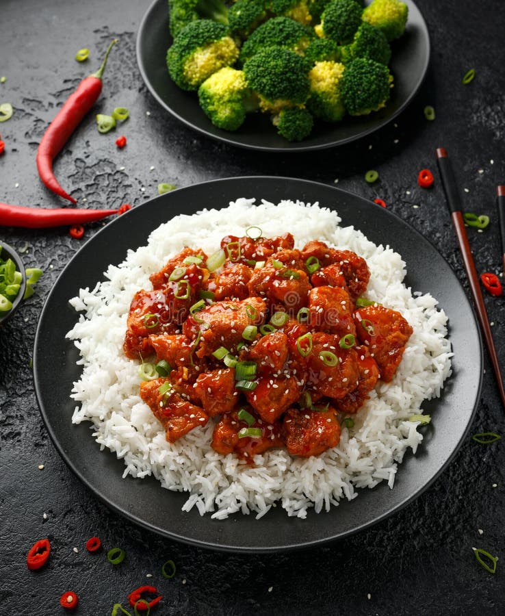 Tso`s Chicken with Rice, Green Onion and Broccoli Stock Image - Image ...