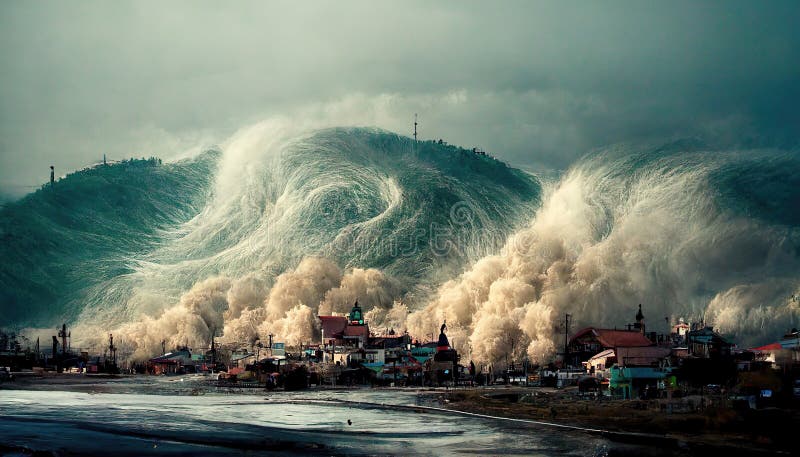Tsunami, Big Waves Hitting Town, Force of Nature Illustration, Ai ...