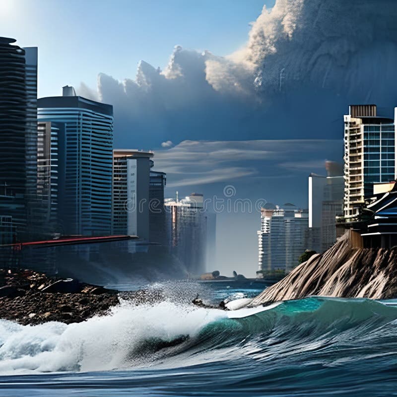 Tsunami Coming into the City Stock Illustration - Illustration of coast ...