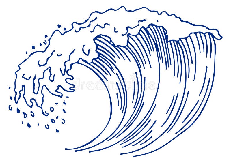Tsunami Drawing. Big Sea Wave Blue Drawing Stock Illustration ...
