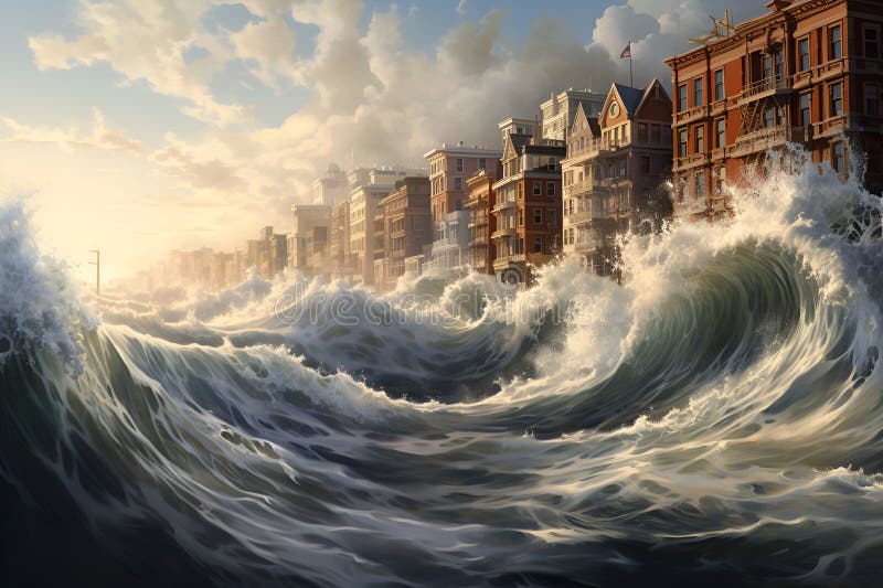Tsunami, Flood, Wave Covers the City and Destroys. Generated AI Stock ...