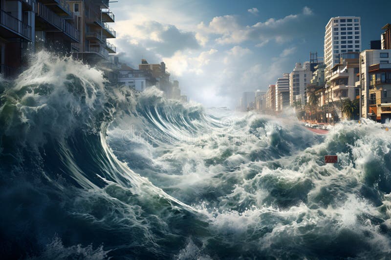Tsunami, Flood, Wave Covers the City and Destroys. Generated AI Stock ...