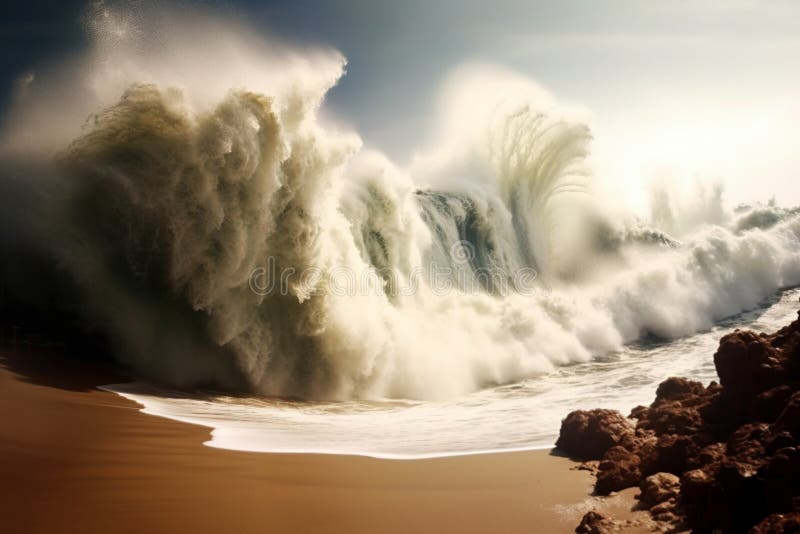 Tsunami hitting beach stock illustration. Illustration of tsunami ...