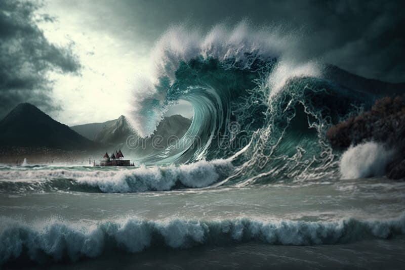 Tsunami Wave Hits the Shore, Created with Generative AI Technology ...
