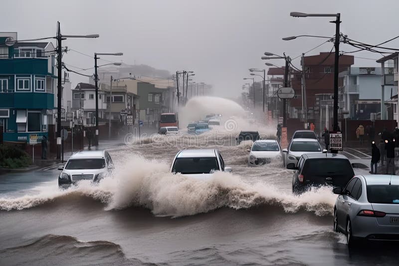 Tsunami Waves Crash Onto Coastal City Flooding Streets And Knocking