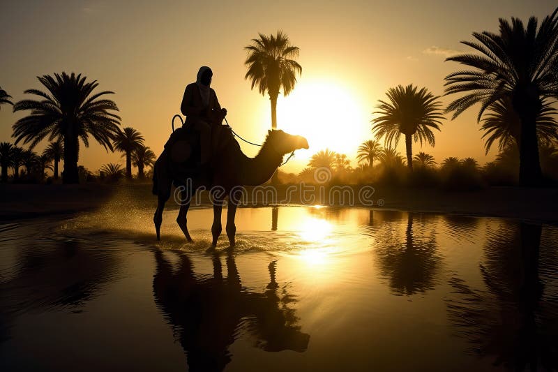 Tuareg Riding in a Camel in Desert Oasis at Sunset. Generative Ai Stock ...