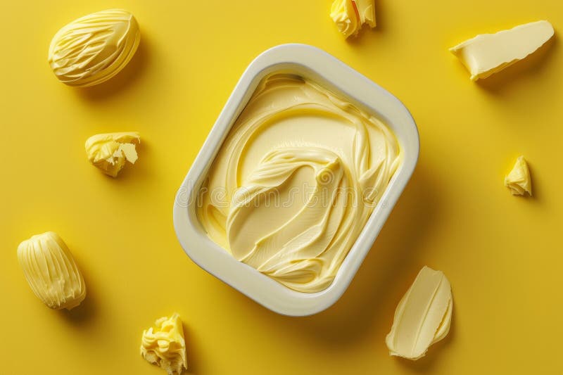 Butter Curls Surrounding a Tub of Spreadable Butter on a Yellow ...