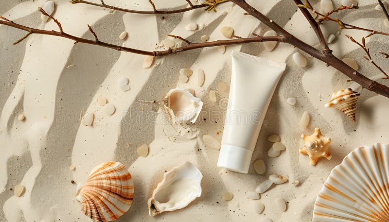 Tube with Cream, Shell and Branches on Sand, Top View. Cosmetic Product ...