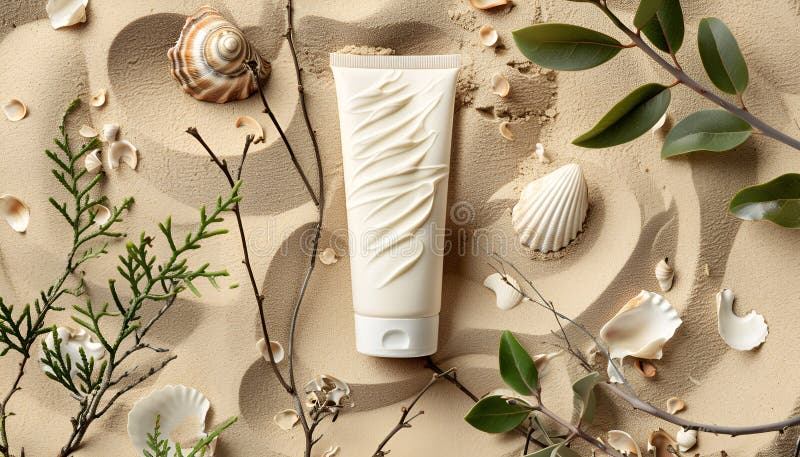 Tube with Cream, Shell and Branches on Sand, Top View. Cosmetic Product ...