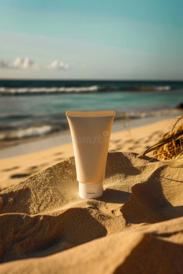 A Tube of Sunscreen Cream Placed on a Sandy Beach, Ready for Use Stock ...