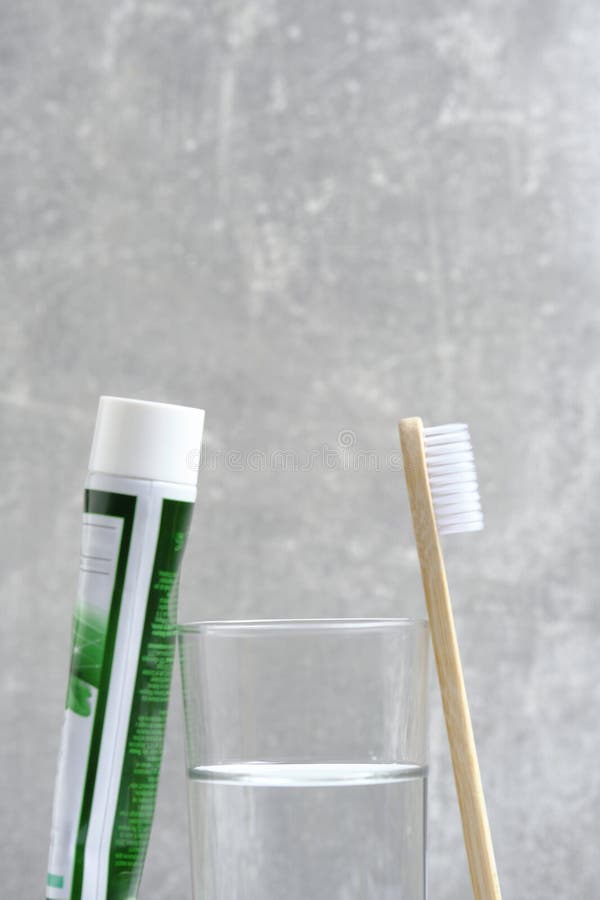 Tube Toothpaste Brush Glass Water Gray Background Bathroom Stock Photos ...