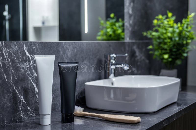 A Tube of Toothpaste and a Toothbrush on the Table in Modern Bathroom ...