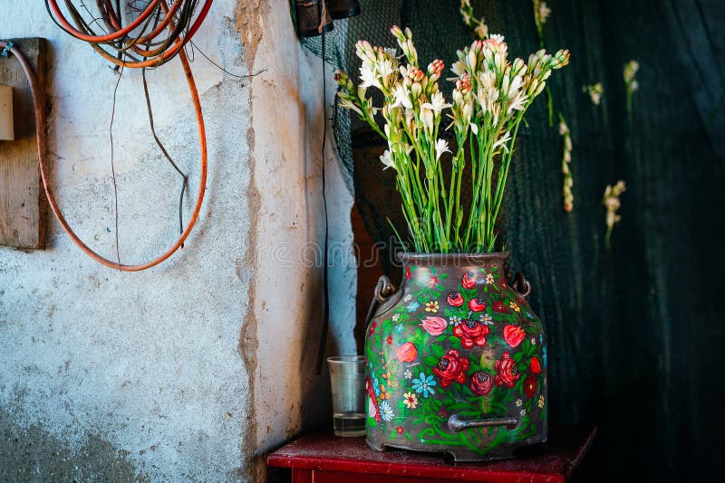 Tuberose Flowers in Rustic Vase Stock Photo - Image of authentic ...