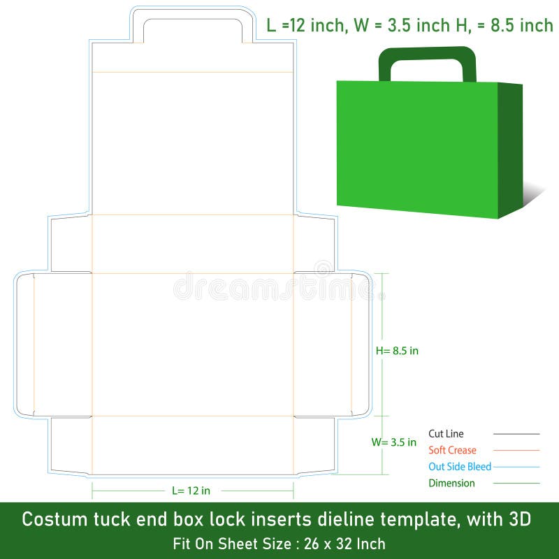 Tuck End Box Costum Lock Inserts Dieline Template, with 3D Stock Vector ...