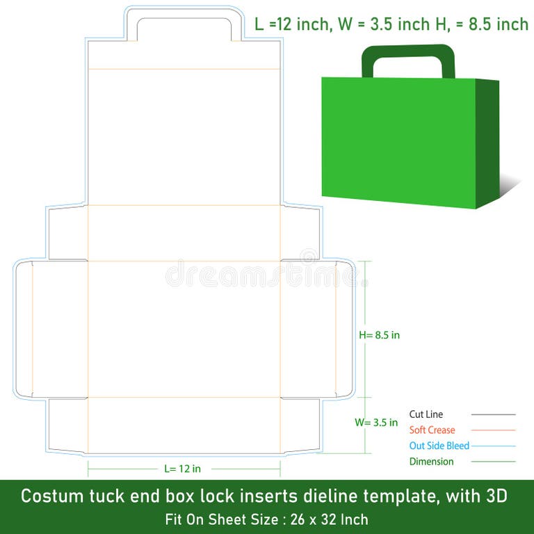 Tuck End Box Costum Lock Inserts Dieline Template, with 3D Stock Vector ...
