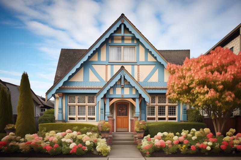 Tudor with Front Gable Framed by Flowering Shrubs Stock Image - Image ...