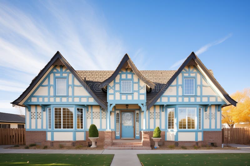 Tudor Home with Diamond Windows and Blue Sky Backdrop Stock ...