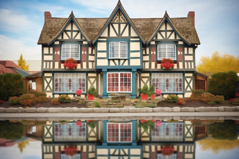 Tudor House Reflected in Pond with Diamond Windows Visible Stock ...