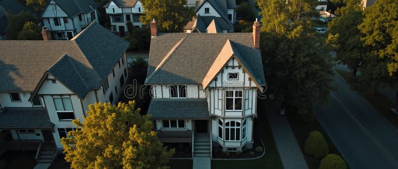 Tudor Revival Style Home Decorative Half Timbering Drone View Stock ...