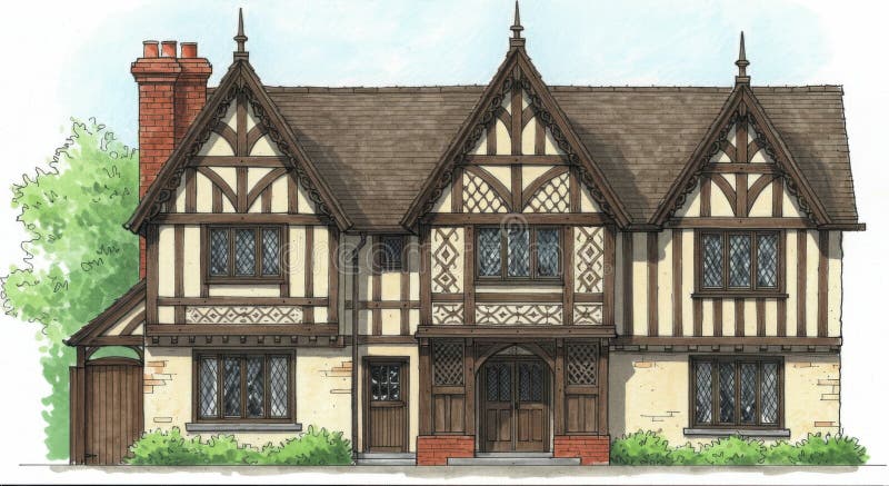 Tudor Style Timber Frame House Illustration Stock Illustration ...