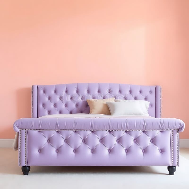 A Tufted Bed Frame in Soft Lavender on a Pastel Peach Background Stock ...