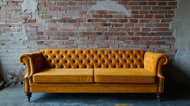 Tufted Gold Sofa Against Exposed Brick Wall Texture Stock Illustration ...