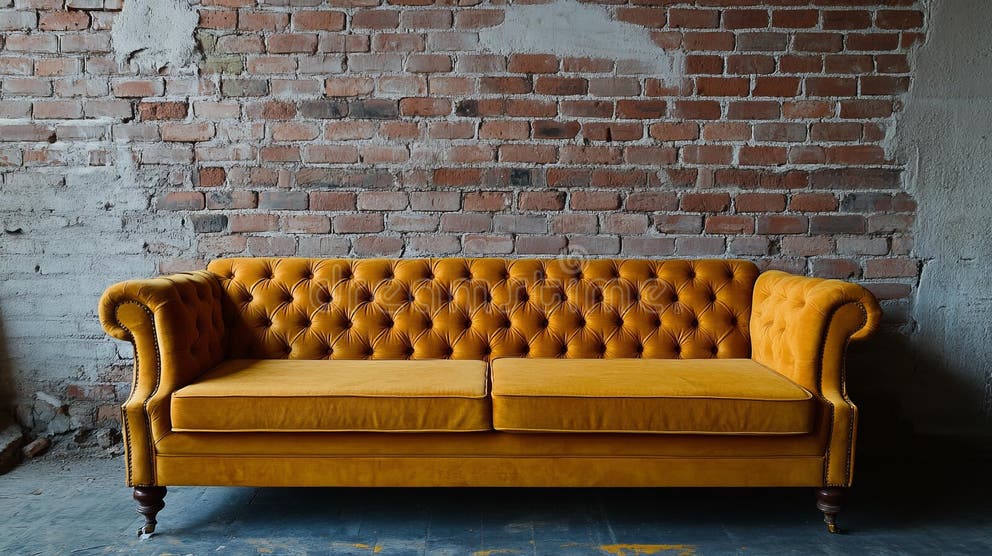 Tufted Gold Sofa Against Exposed Brick Wall Texture Stock Illustration ...