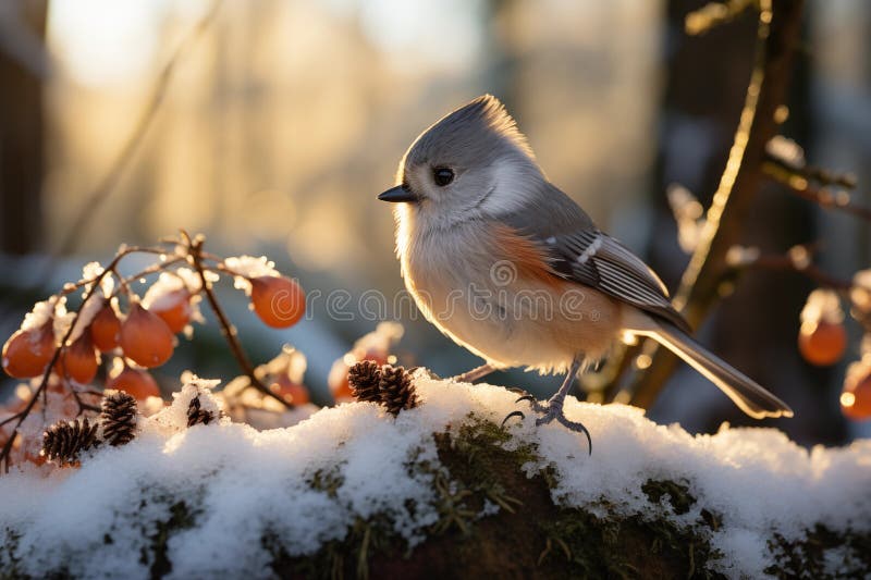 The Tufted Titmouse Sits on a Tree Branch on a Winter Sunny Day. Front ...