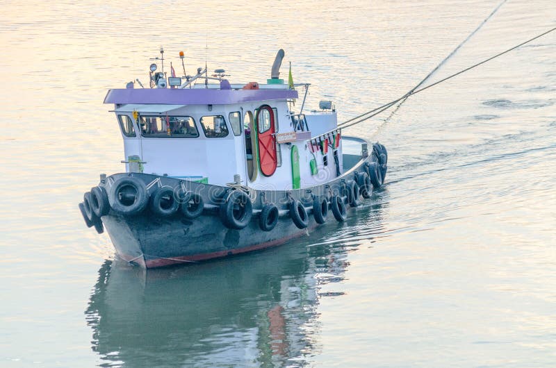 Tug Boat Cargo Ship in Chao Phraya River in Evening. Stock Image ...
