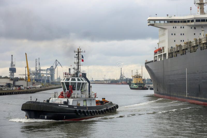 Tug Boat Taking Out the Ship from the Harbor Stock Illustration ...
