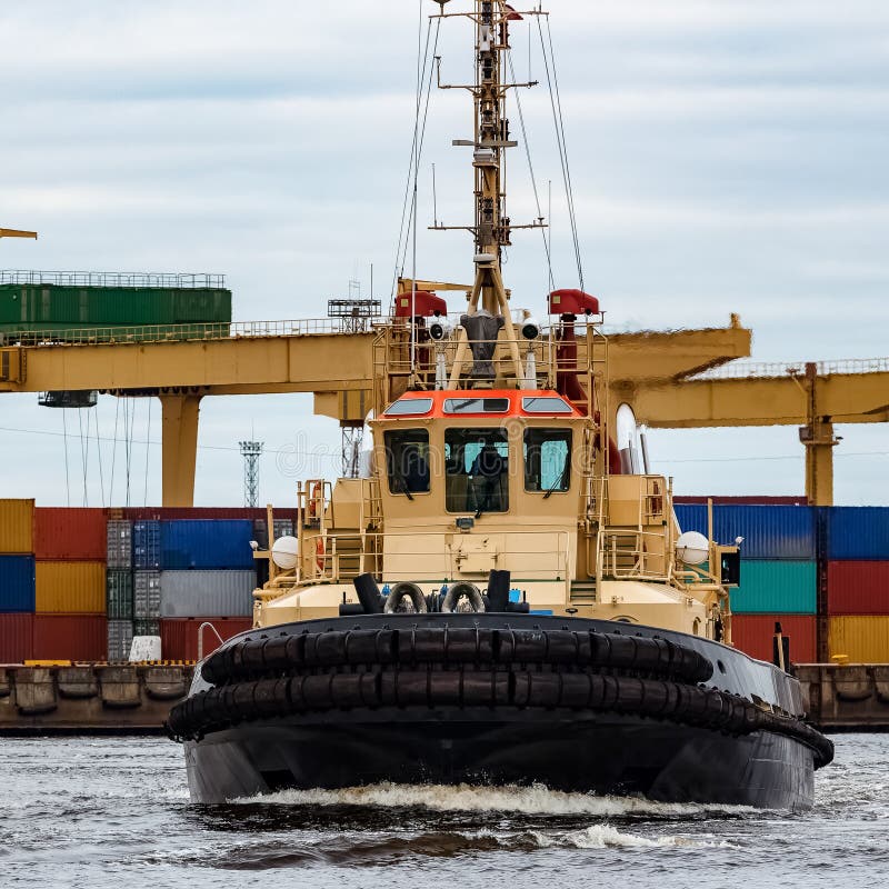 Tug ship in port stock image. Image of black, latvia - 97445189
