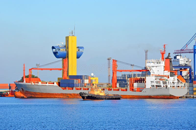 Tugboat Assisting Container Cargo Ship Stock Image - Image of sail ...