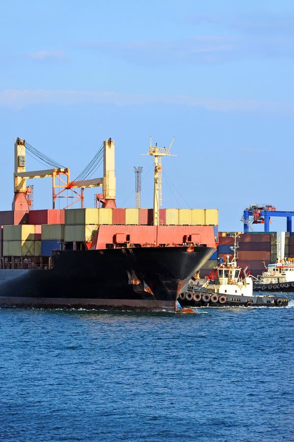 Tugboat Assisting Container Cargo Ship Stock Image - Image of assistant ...