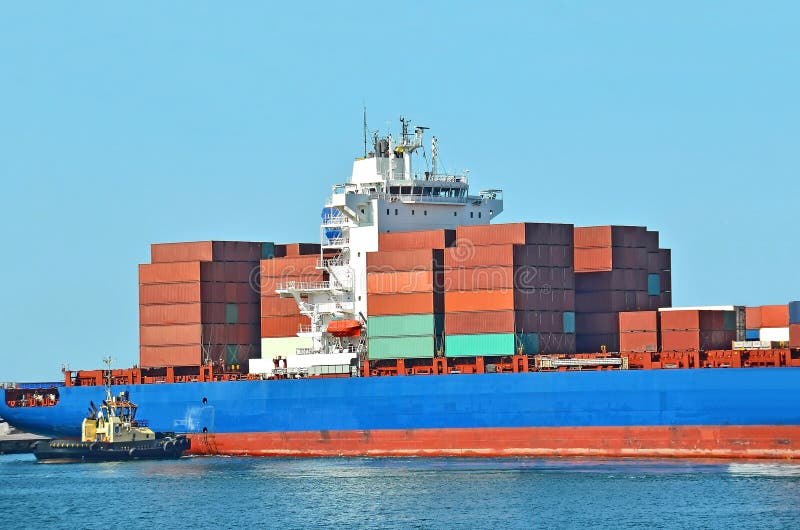 Tugboat Assisting Container Cargo Ship Stock Photo - Image of harbor ...