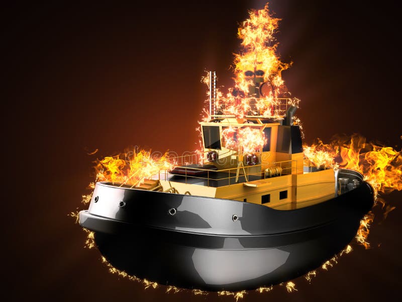 Tugboat in fire stock image. Image of coast, fire, lone - 267903793