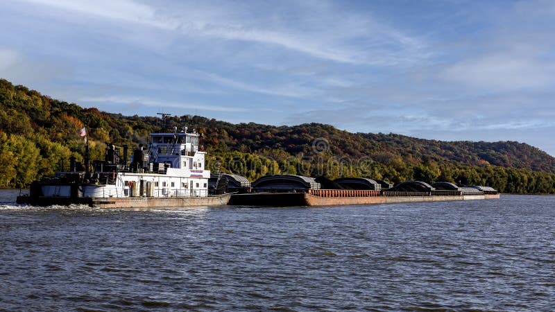 Tugboat Moving Barges Down River Stock Photo - Image of harbor, boat ...