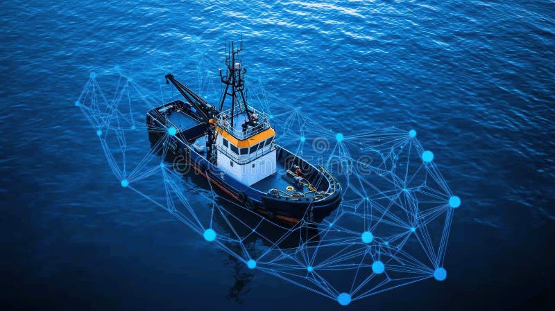 Tugboat Navigating through Water, Surrounded by Digital Network ...