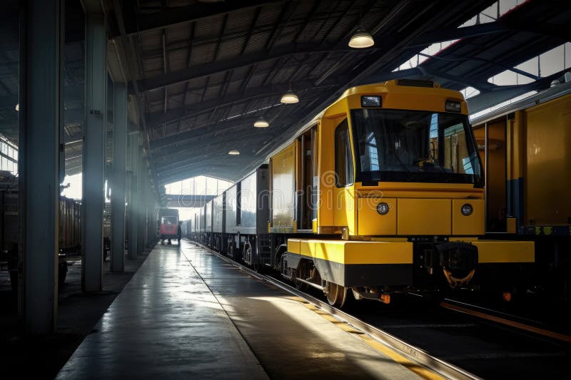 Tugger Train in Warehouse of a Massive Industrial Park. Bright Overhead ...