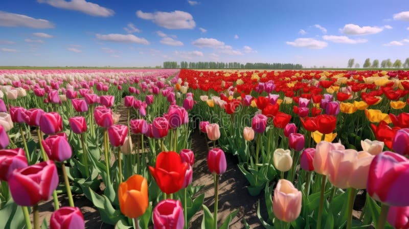 Tulip farm field stock image. Image of flower, sunrise - 278343539